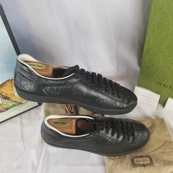 Gucci | Shoes | Gucci Black Ace Sneakers Gg Embossed Leather G 1 | Poshmark